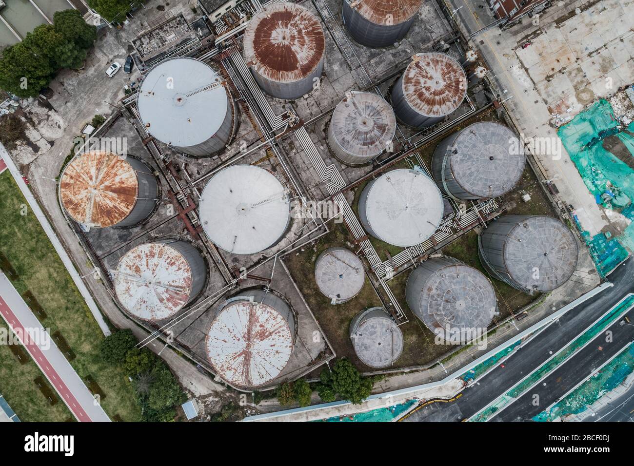 Aerial view of the pipelines and storage tanks Stock Photo - Alamy