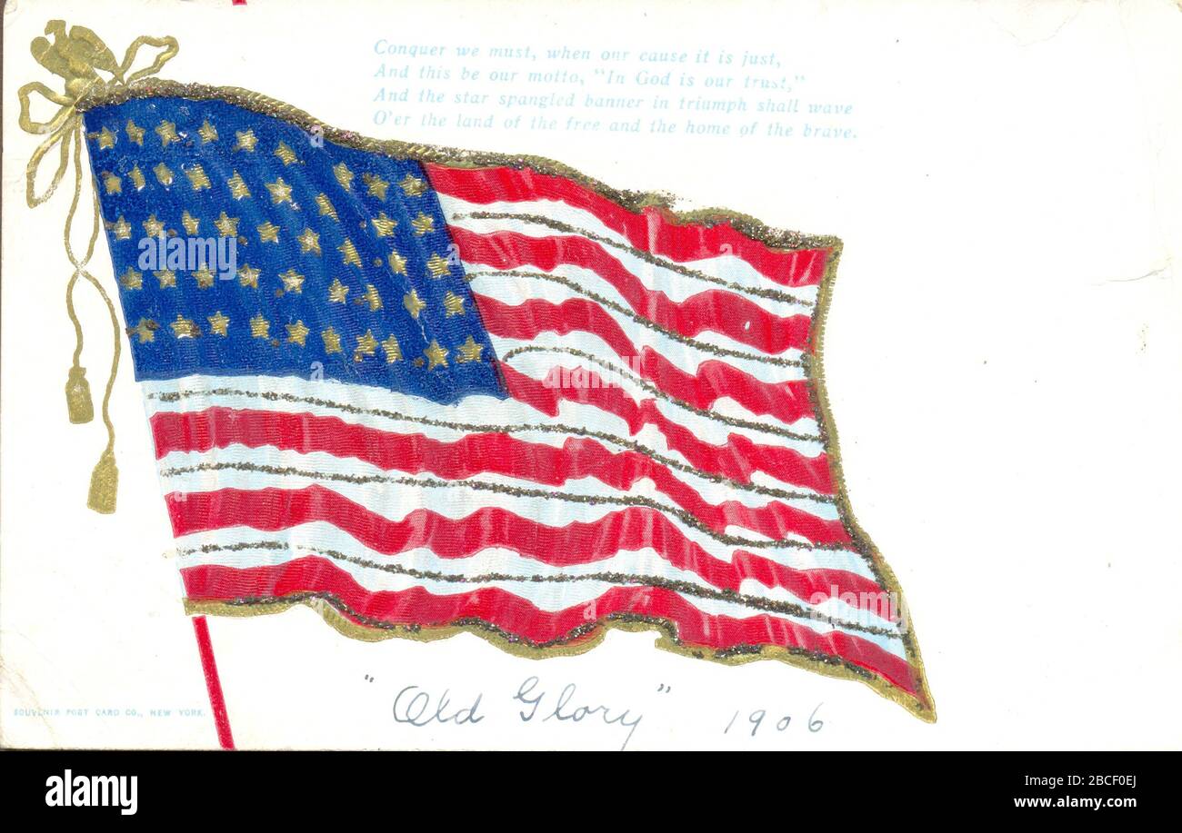 Tinselled picture postcard of American national flag 1906 Stock Photo ...