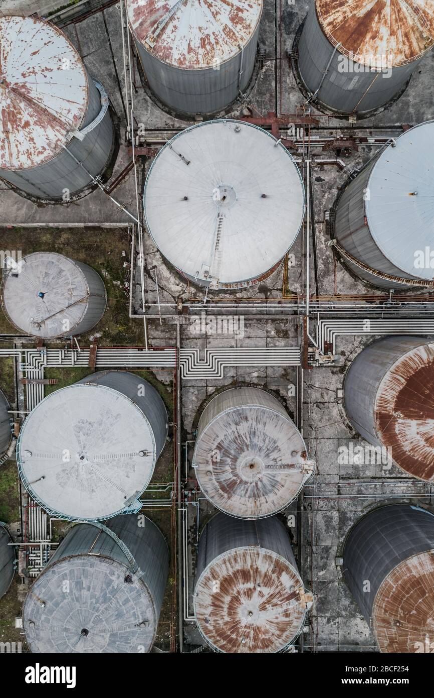 Aerial view of the pipelines and storage tanks Stock Photo - Alamy