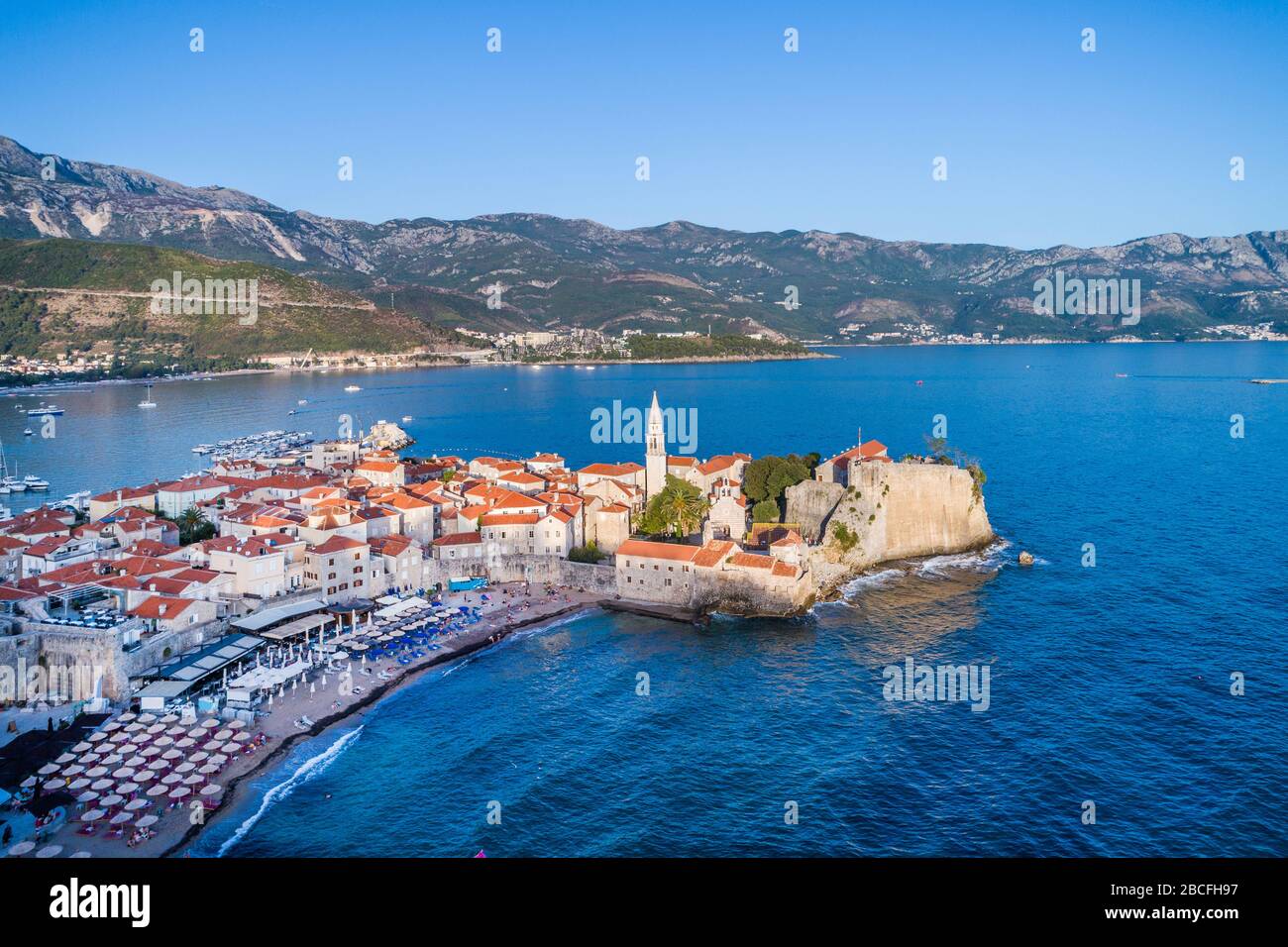 Old Town of Budva at sunset from a bird's eye view Stock Photo - Alamy