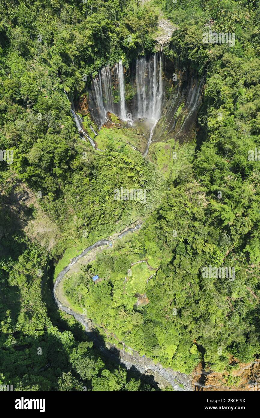 View from above, stunning aerial view of the Tumpak Sewu Waterfalls ...