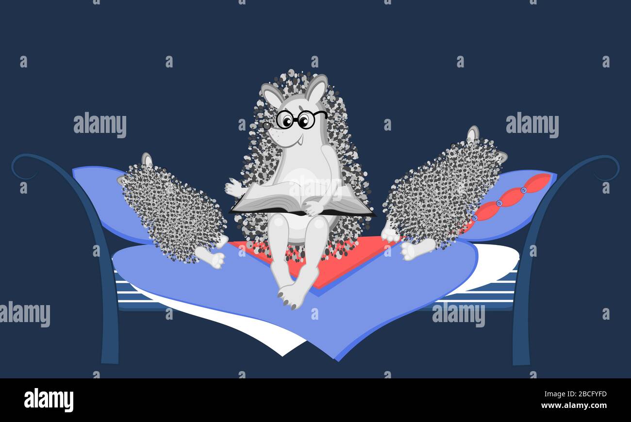 Vector illustration - an adult hedgehog in glasses reads at night ...