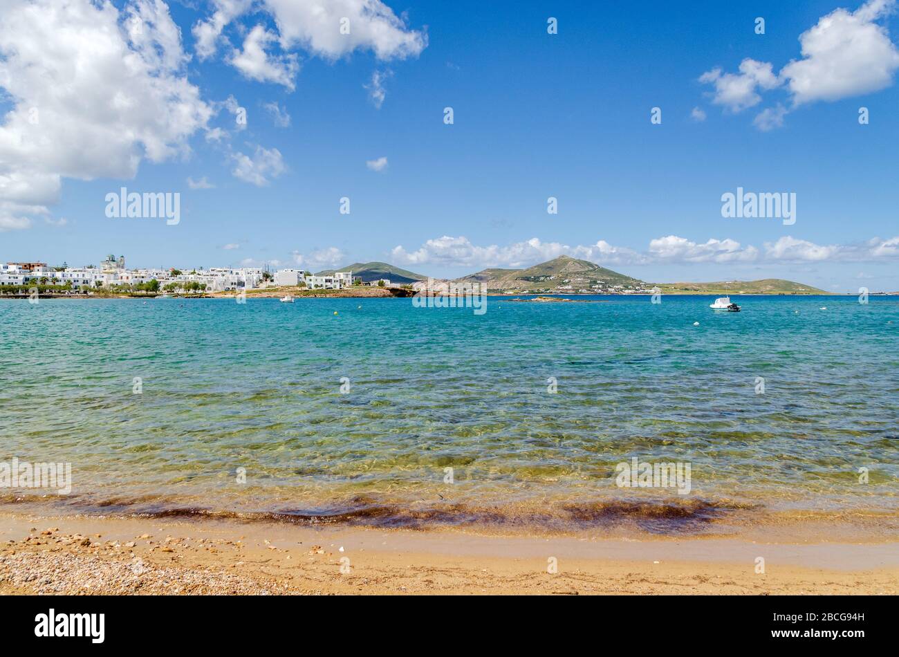 Beautiful Naoussa beach with crystal sea water on Paros island, Greece ...