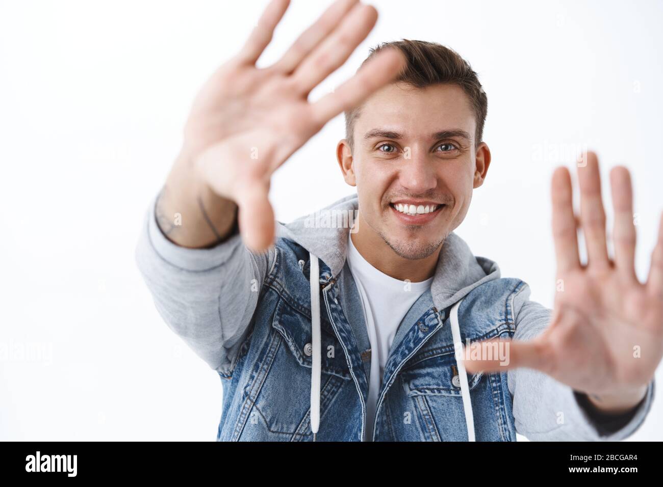 Imagination, creativity and people concept. Close-up portrait of dreamy ...