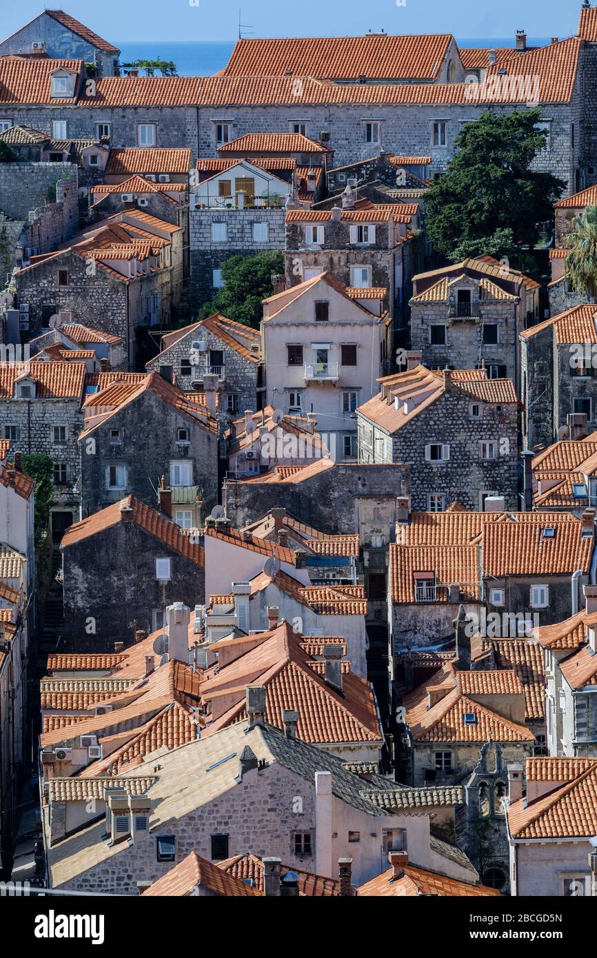A view across Dubrovnik Old town. It shows the densely packed homes and ...