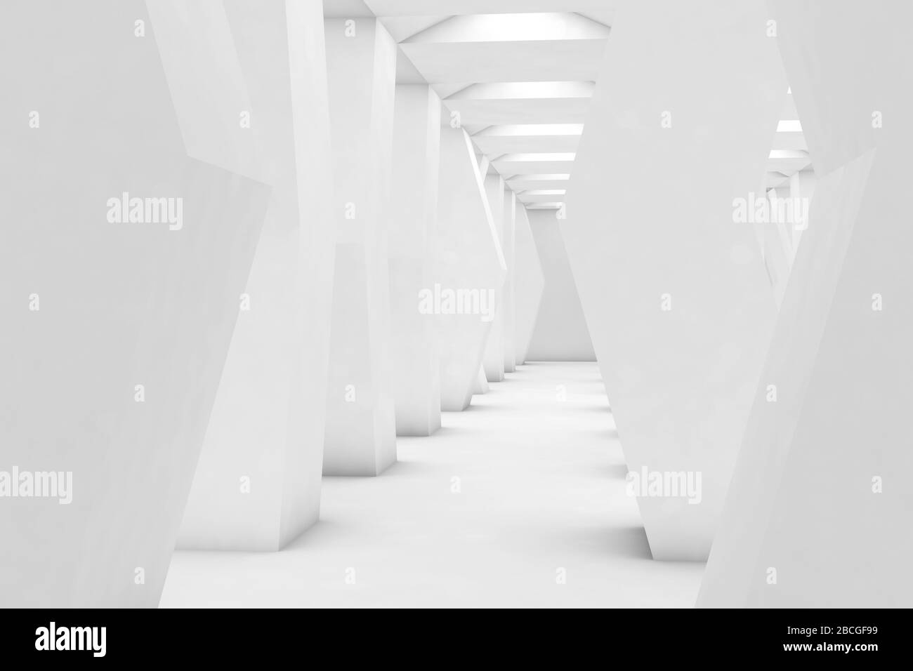 Abstract empty white interior, corridor with broken shaped columns ...