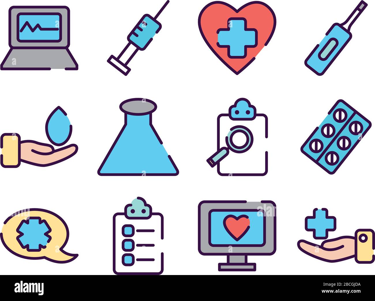 medical reports and healthcare icon set over white background, line ...
