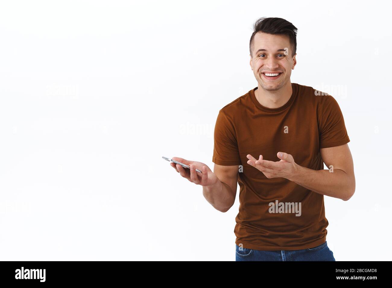 Technology, people and communication concept. Happy laughing guy in ...