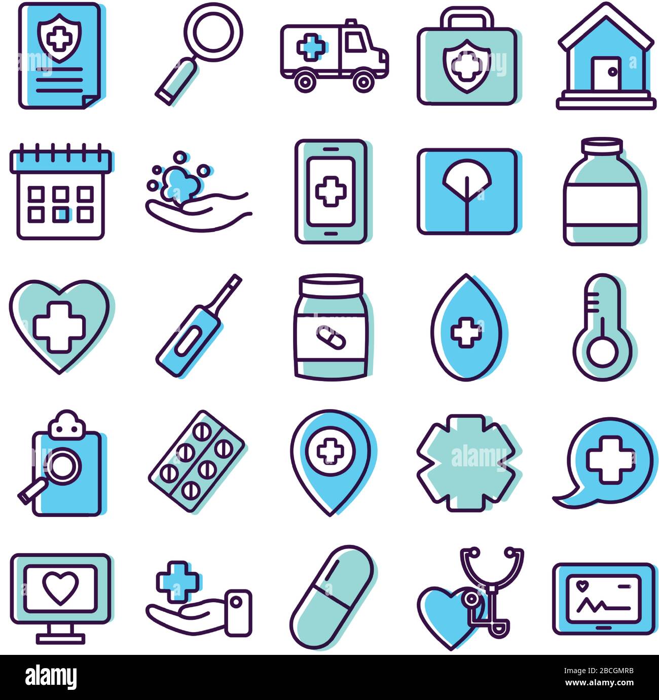 medical elements and healthcare icon set over white background, line ...