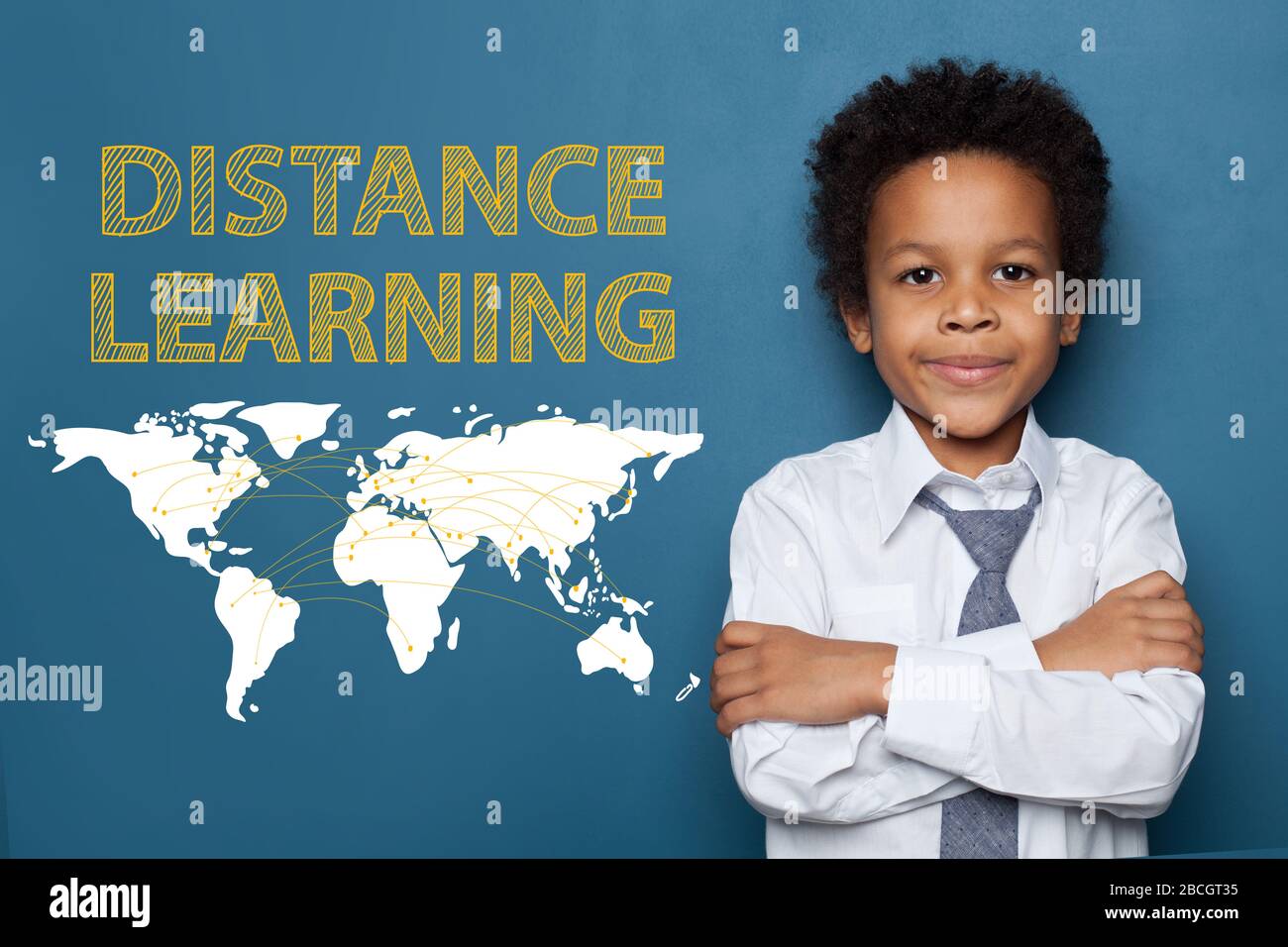 Distance learning concept with smart African American child boy ...
