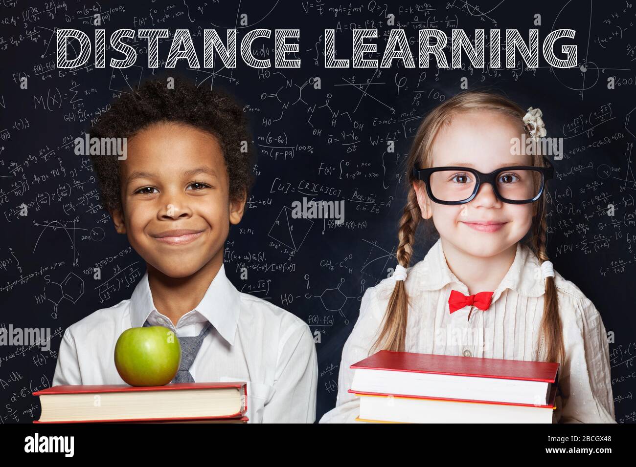 Distance learning concept with happy smiling children on blackboard ...