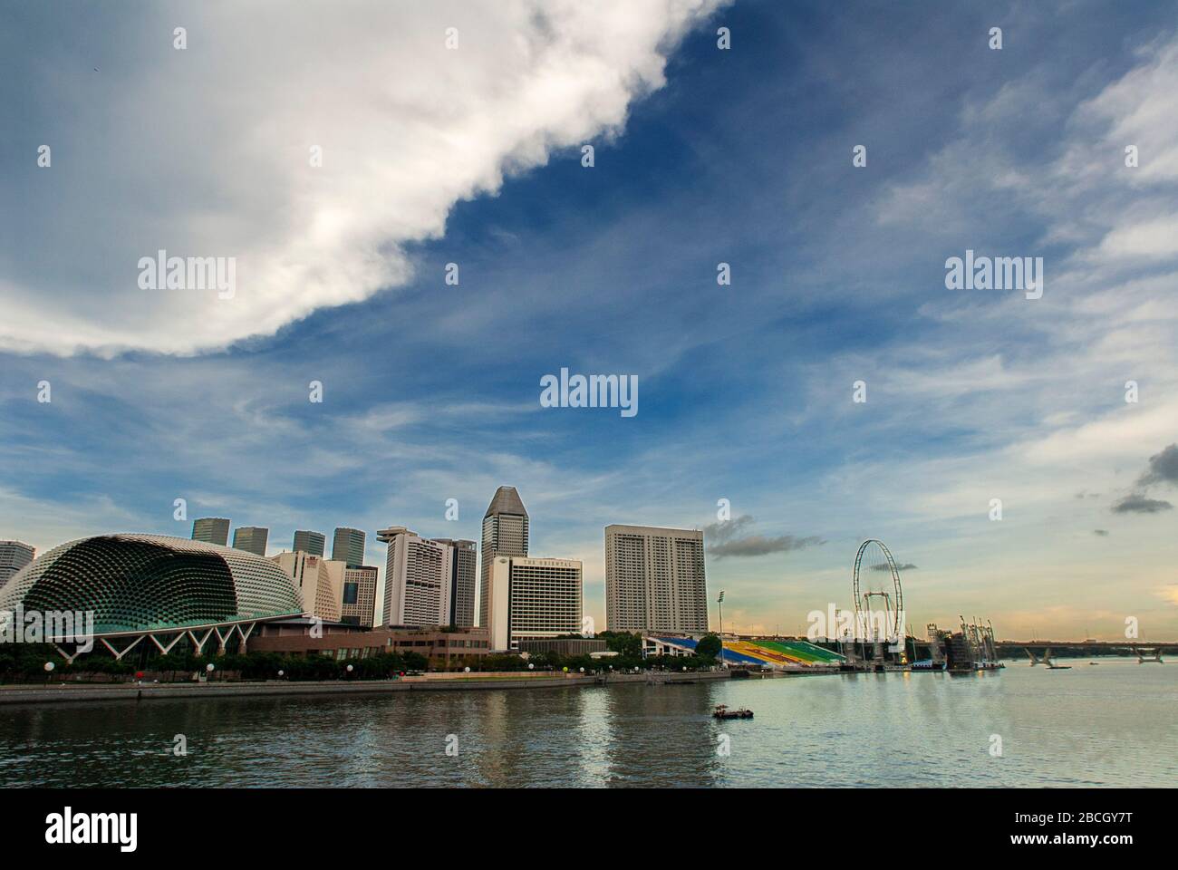 Esplanade Concert Hall at Marina Bay, skyline with Singapore Flyer, night, Singapore, Southeast ...