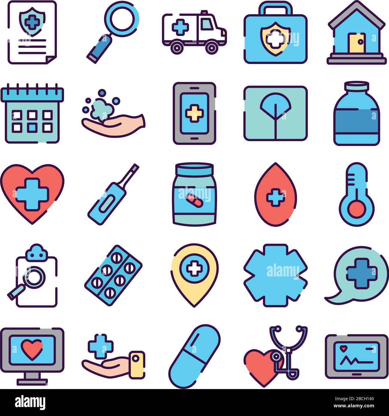 medical elements and healthcare icon set over white background, line ...