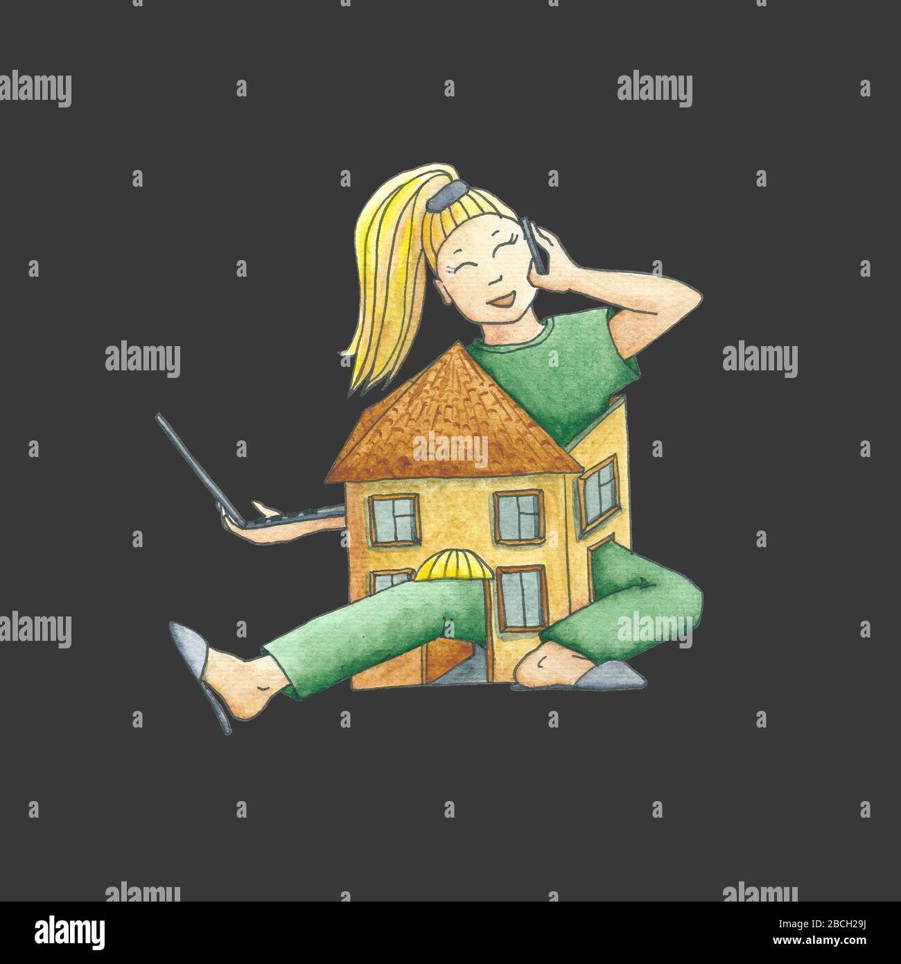 Girl working from home or remotely in house with phone and laptop. Hand ...