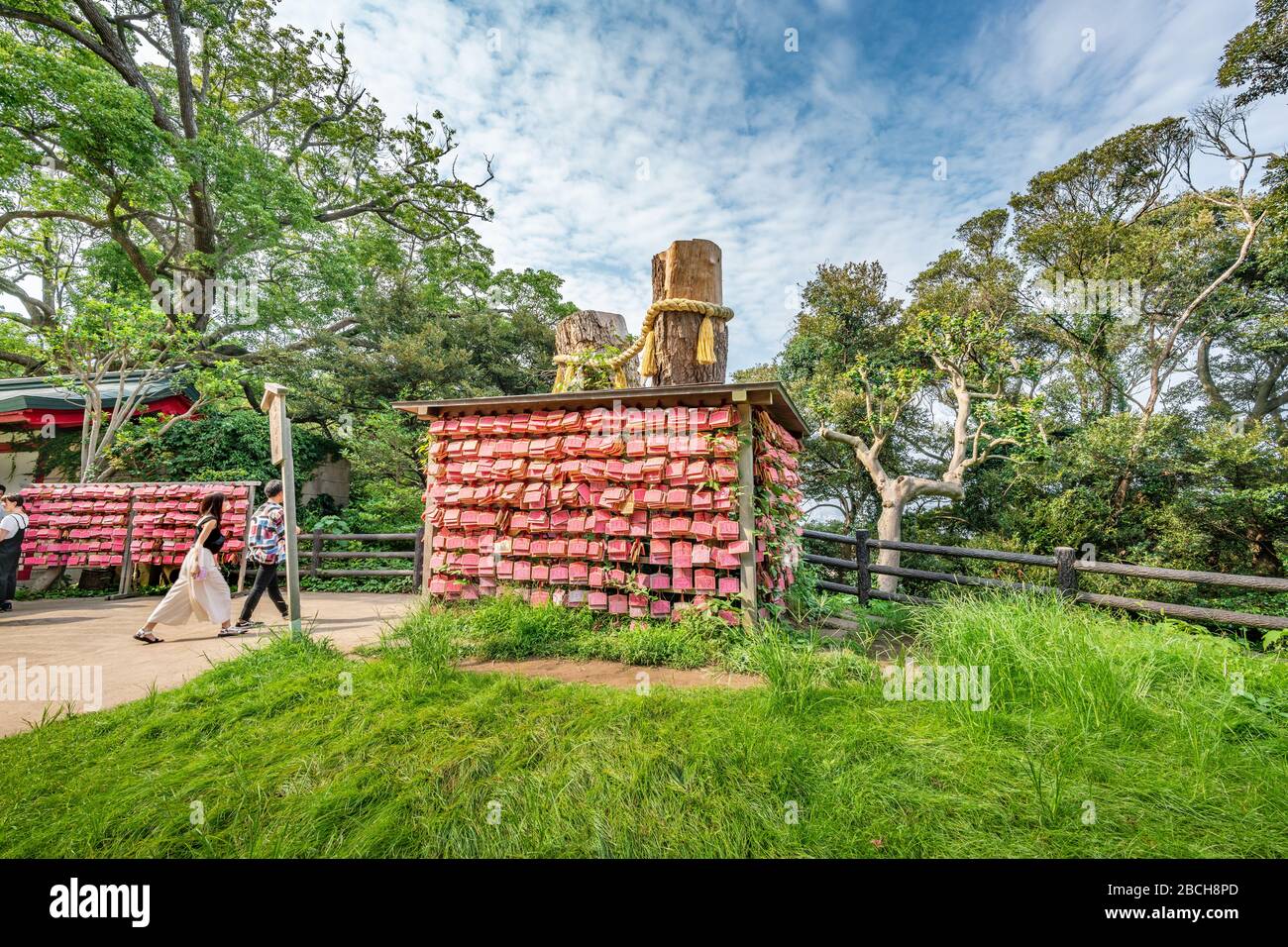Enoshima Island, Japan - August 18, 2019 : Wishes written on red Ema ...