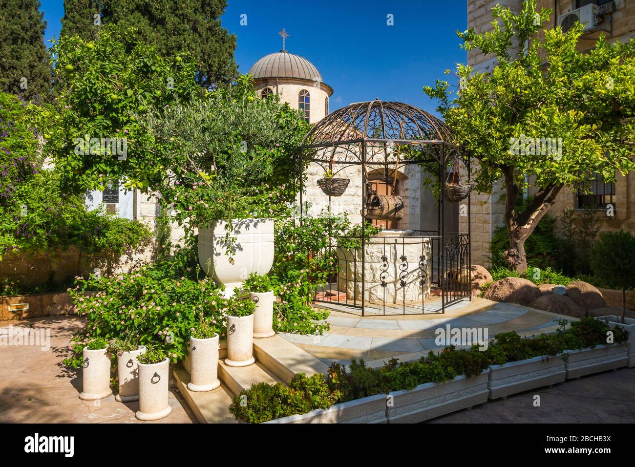 The exterior courtyard of the Franciscan wedding church in Cana ...