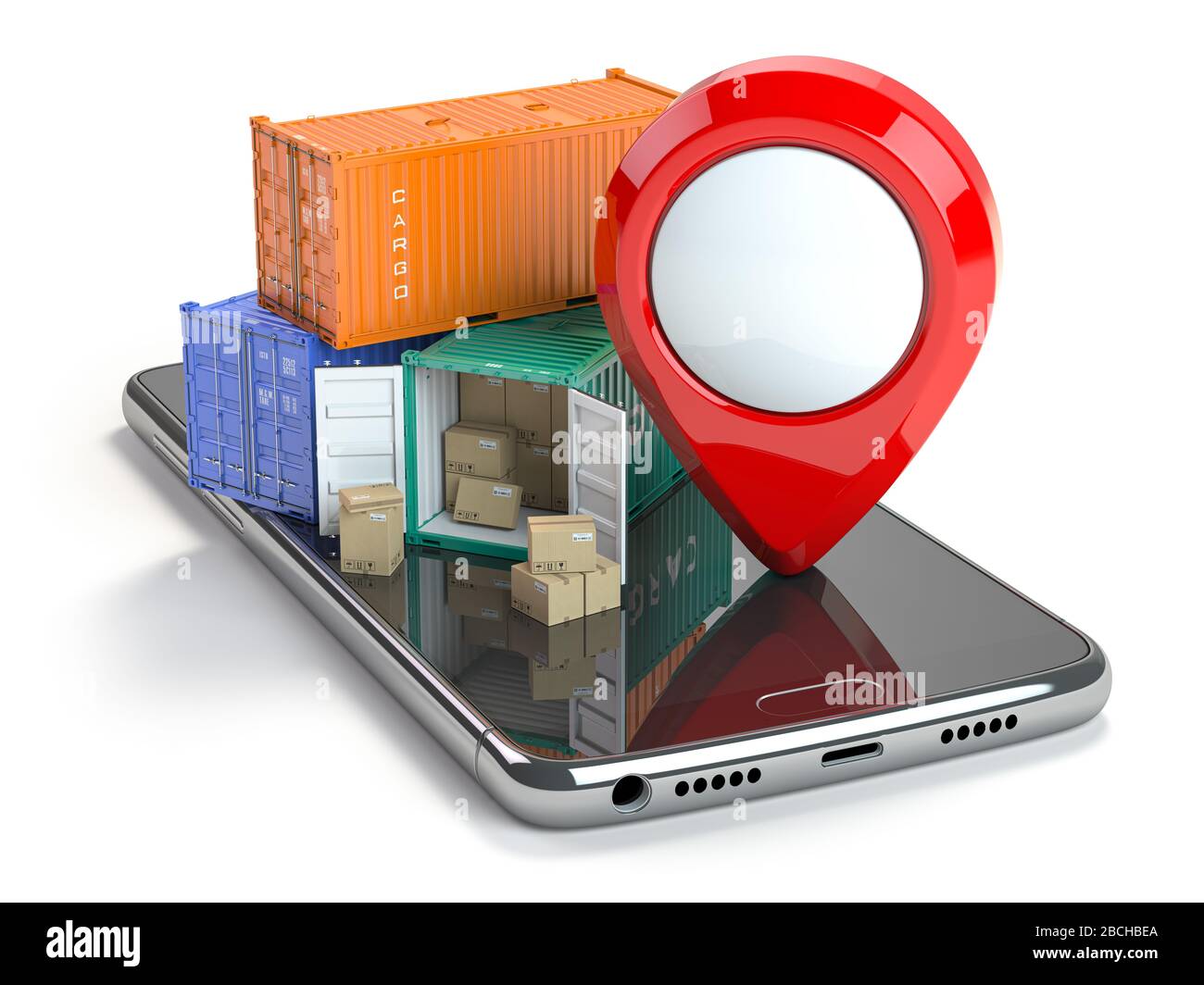 Smartphone with cargo containers and pin isolated on white. Delivery ...