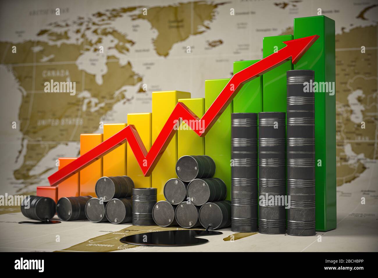 Oil barrels and growth graph on world map background. Oil price or ...