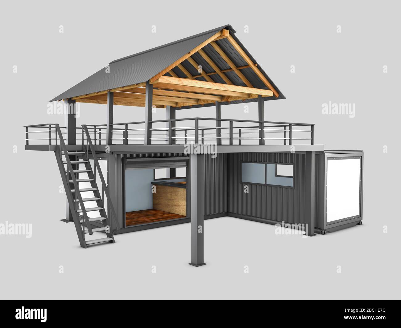 3d rendering of Converted old shipping container, isolated gray ...