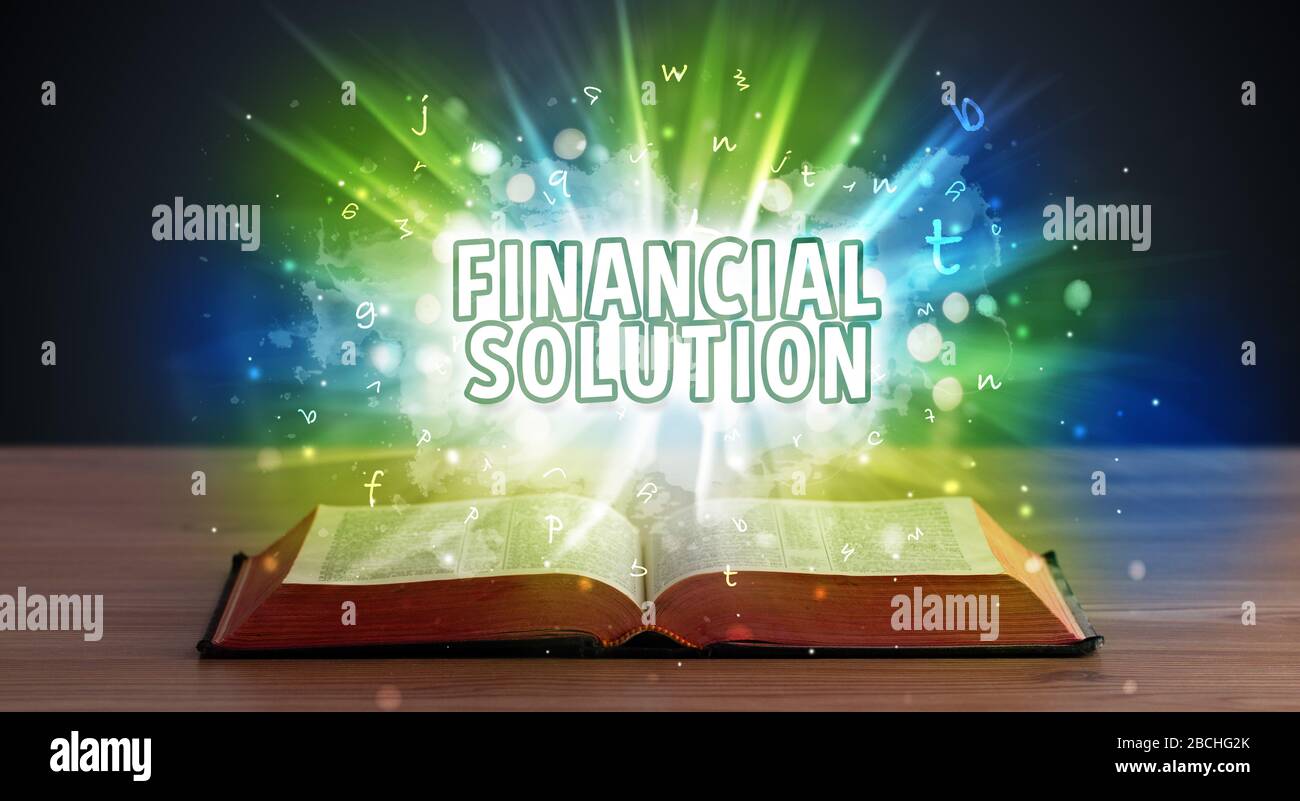 FINANCIAL SOLUTION inscription coming out from an open book ...