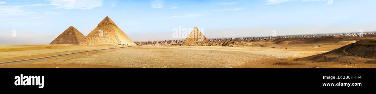 Landscape at the Pyramids of Giza on Sahara desert and city of Cairo at ...