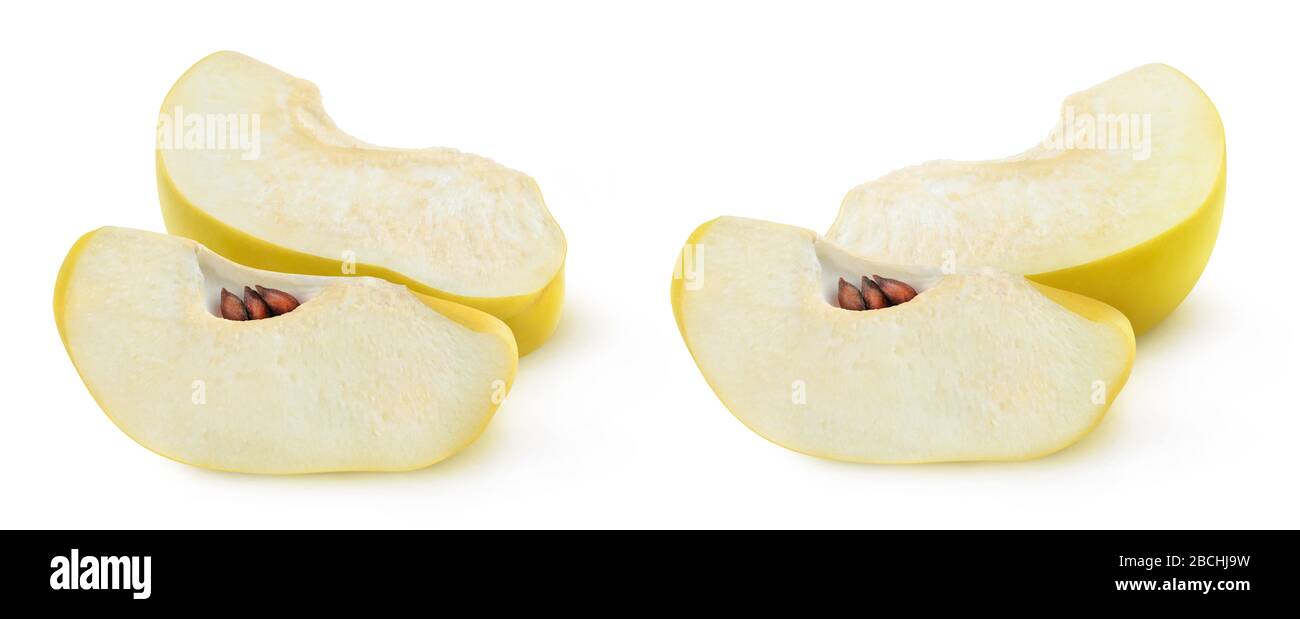 Isolated quinces. Two images of quince fruit slices isolated on white ...