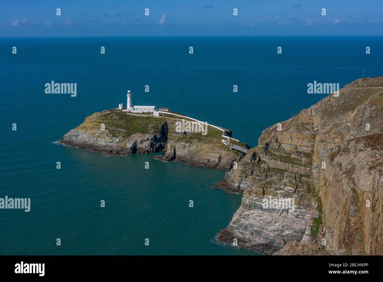 South Stack Lighthouse near Holyhead on Anglesey in North Wales. Aerial ...