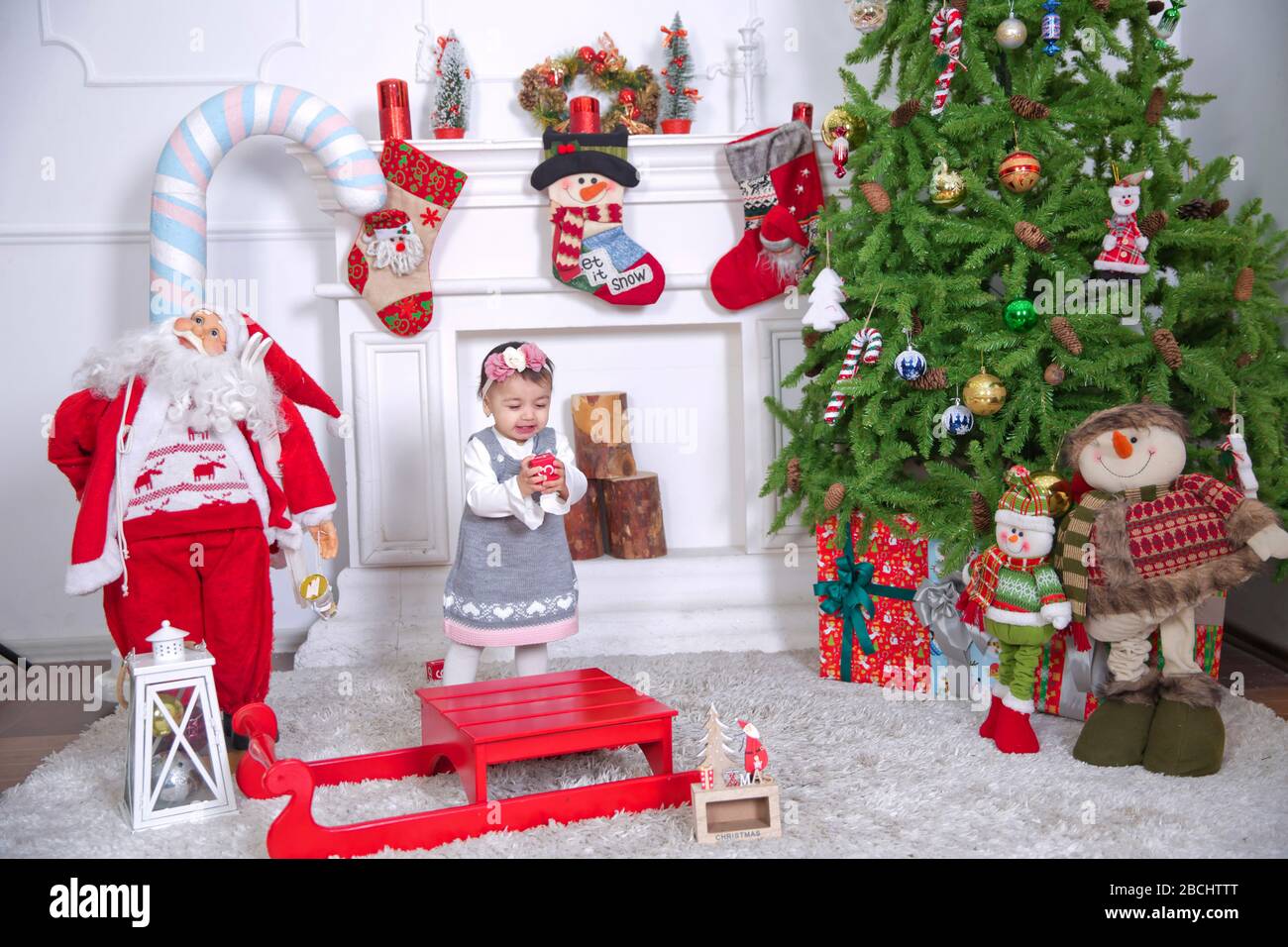 Christmas loft style interior. Soft toy bear on background of Christmas ...