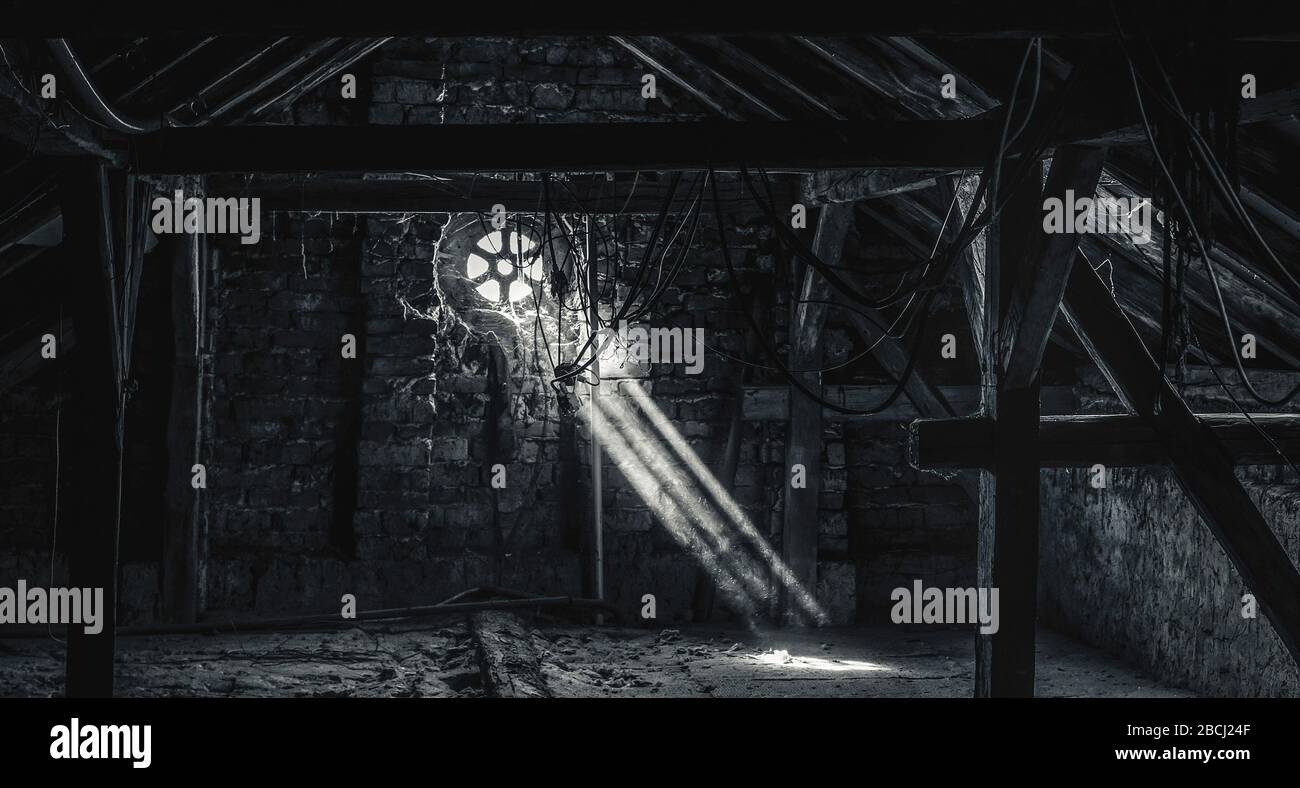 Abandoned building loft whit ray of light Stock Photo - Alamy