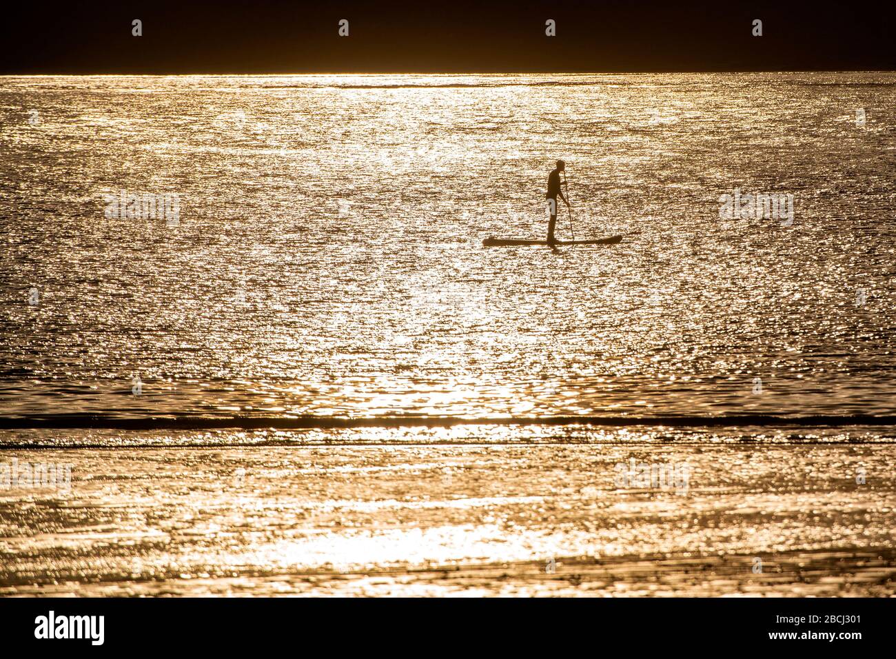 A man paddle boards at Daymer Bay in the Camel Estuary, Cornwall at ...