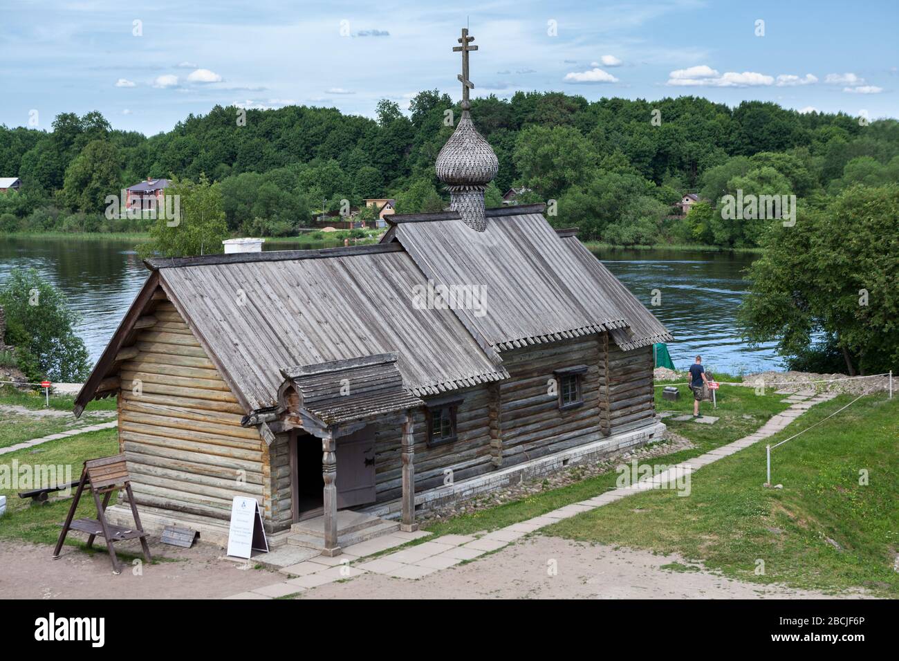 STARAYA LADOGA, RUSSIA-CIRCA JUN, 2018: Restored wooden Church is in ...