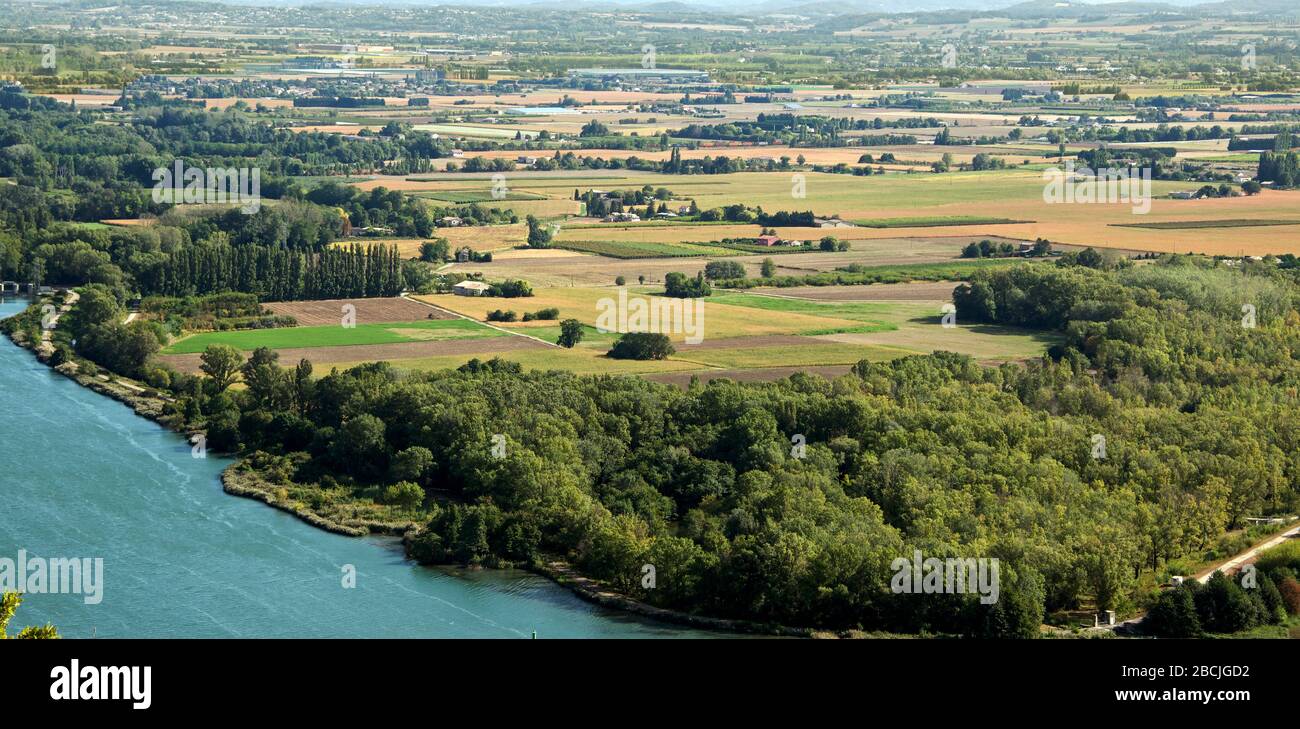 Aerial view rich agricultural countryside west bank of Rhone River ...