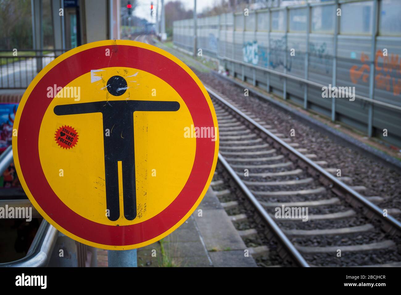 Blocking sign on a Railway platform Stock Photo - Alamy