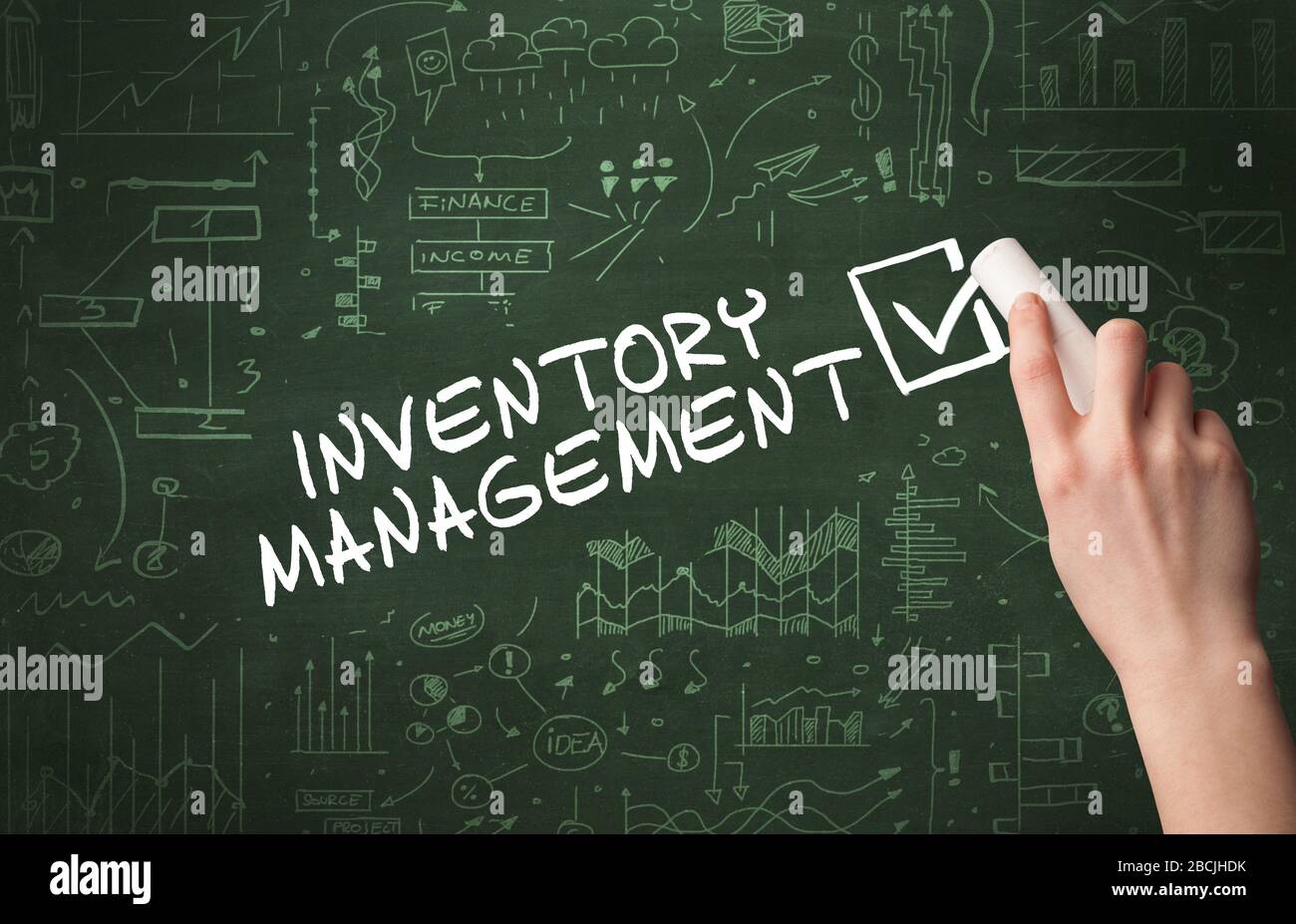 Hand drawing INVENTORY MANAGEMENT inscription with white chalk on ...