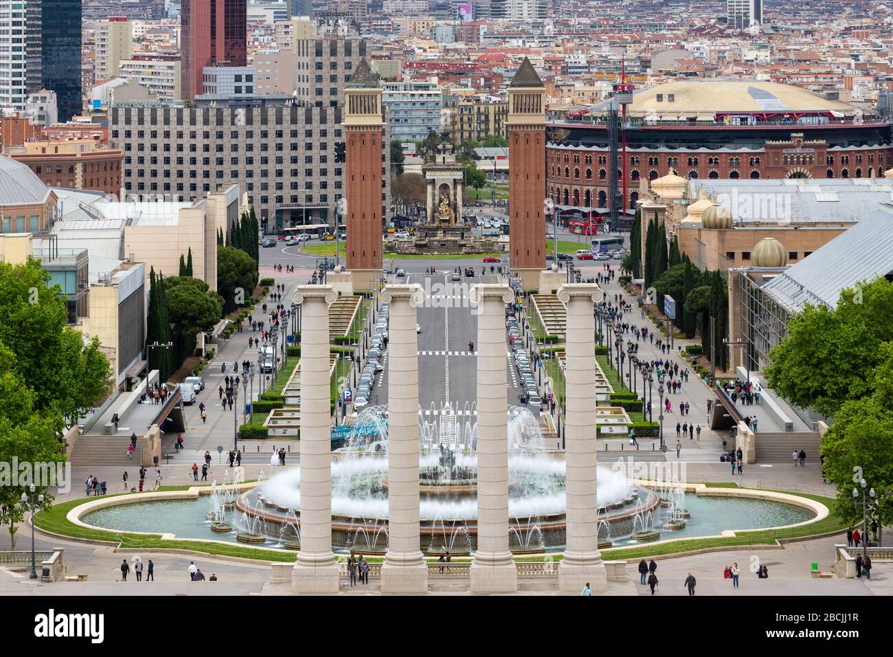 View of the Four Columns, Magic Fountain of Montjuic, and the Torres ...