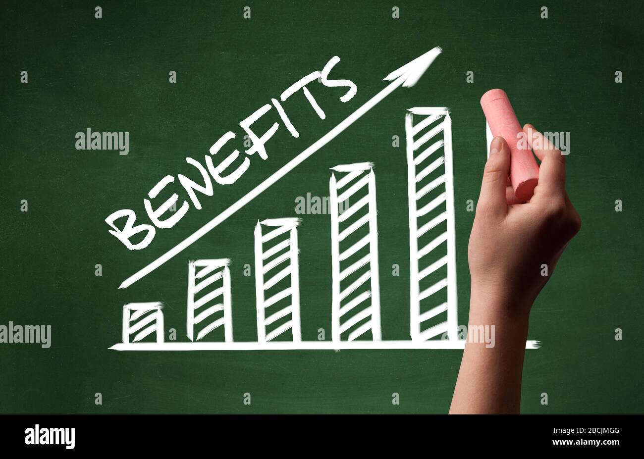 Hand drawing BENEFITS inscription with white chalk on blackboard ...