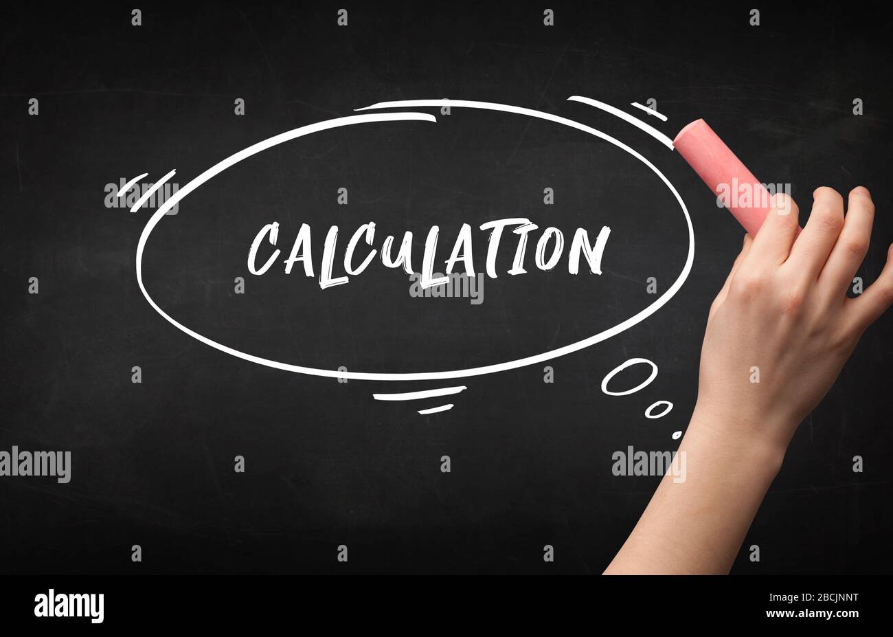 Hand drawing CALCULATION inscription with white chalk on blackboard ...