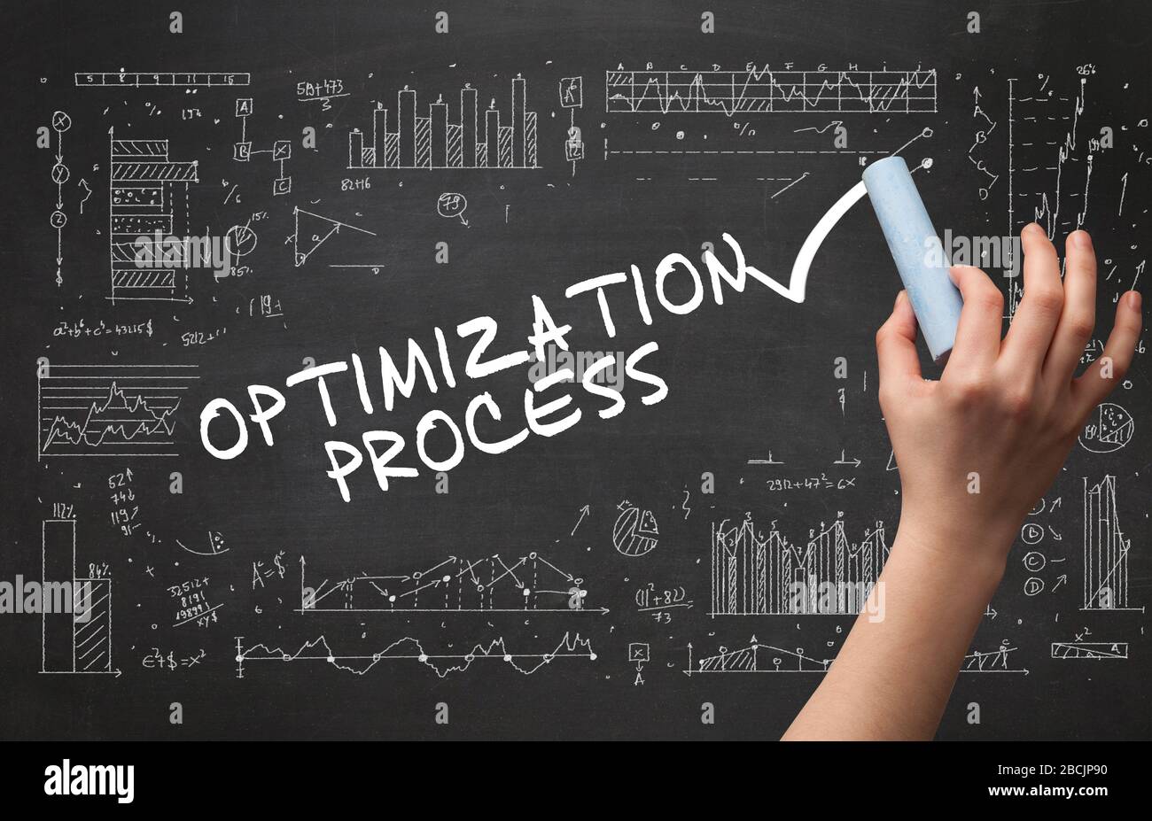 Hand drawing OPTIMIZATION PROCESS inscription with white chalk on ...