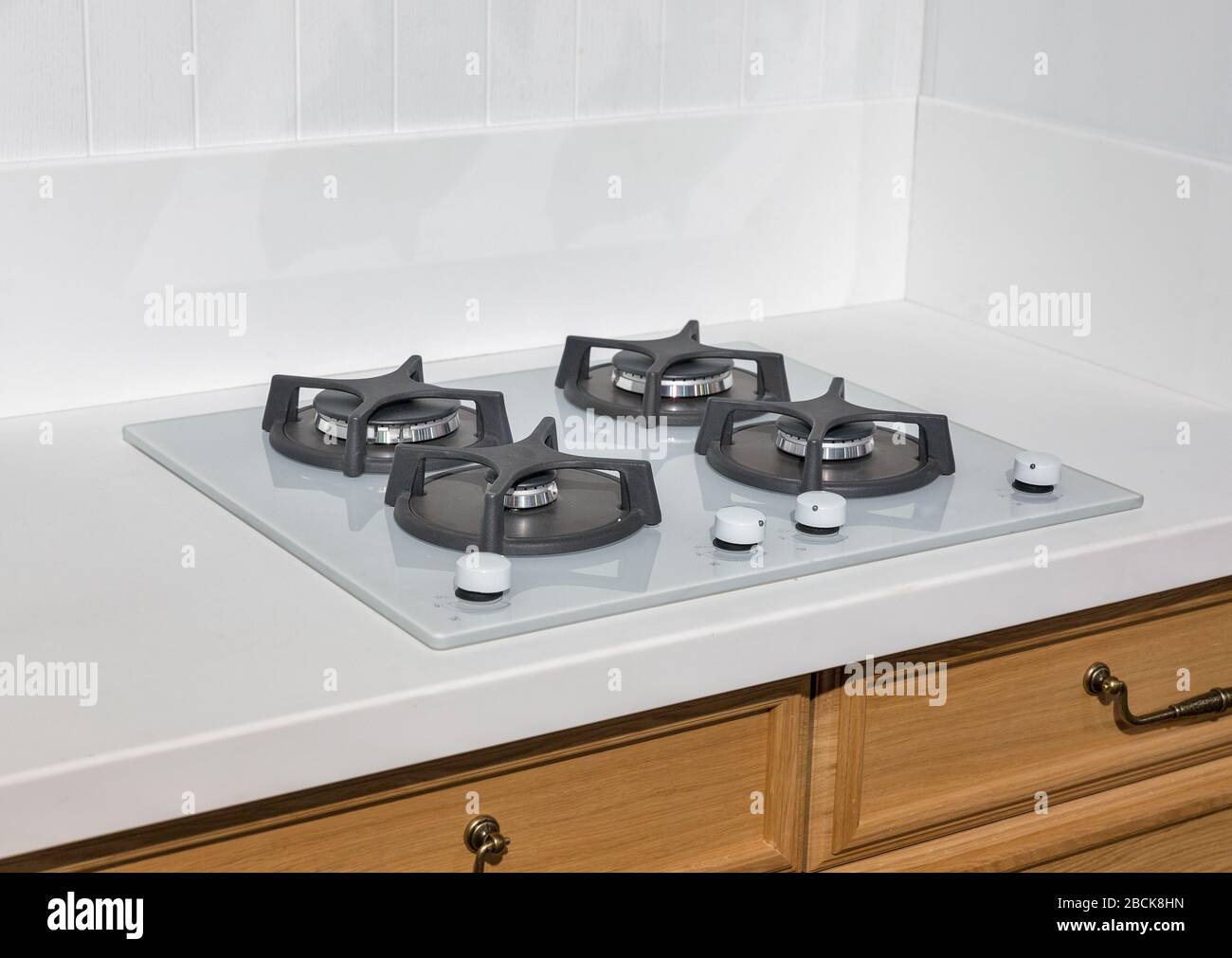 Modern kitchen interior fragment with white gas stove closeup Stock ...