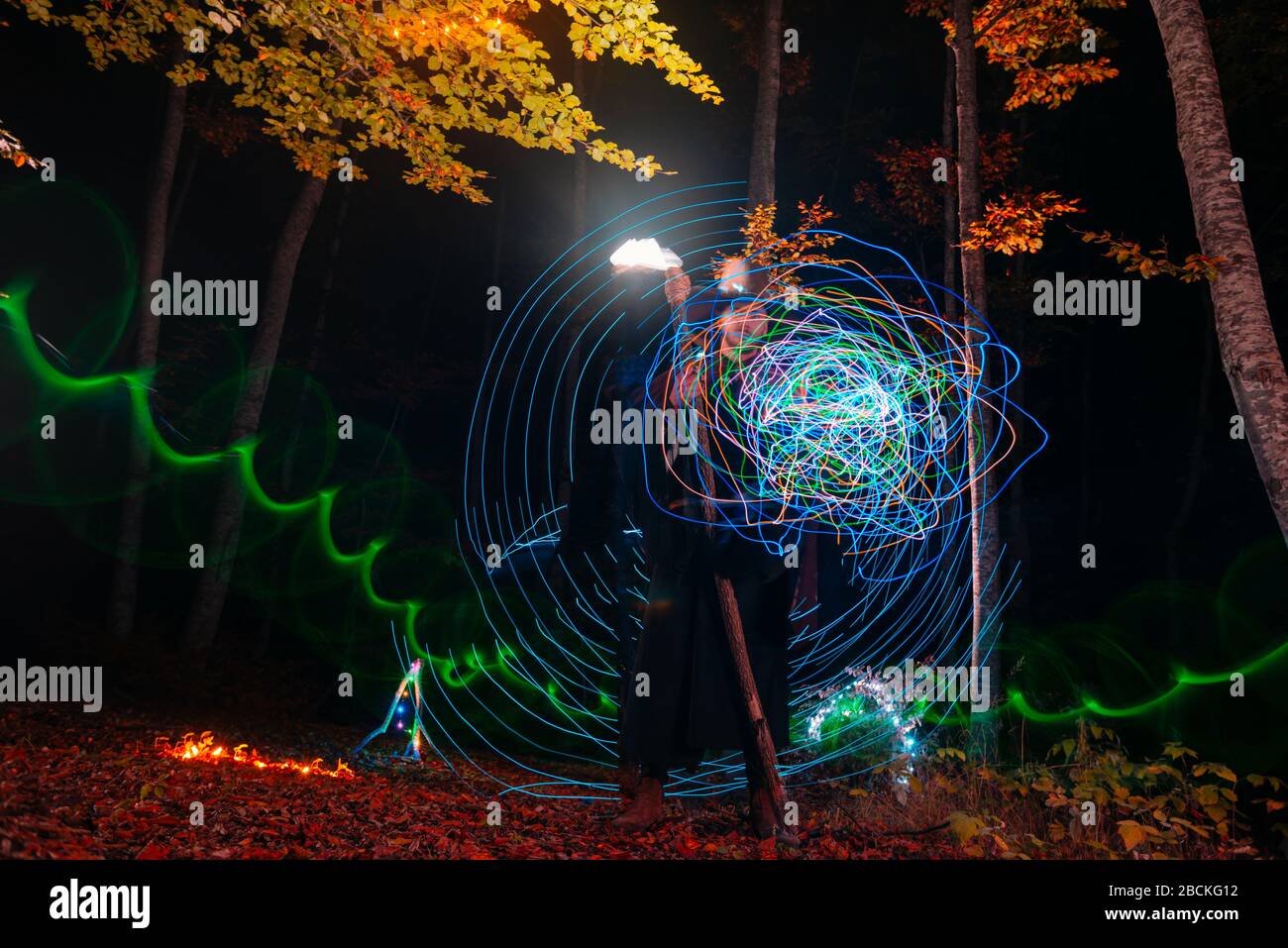 Sorcerer (magician) casting a spell while standing in the magical woods ...