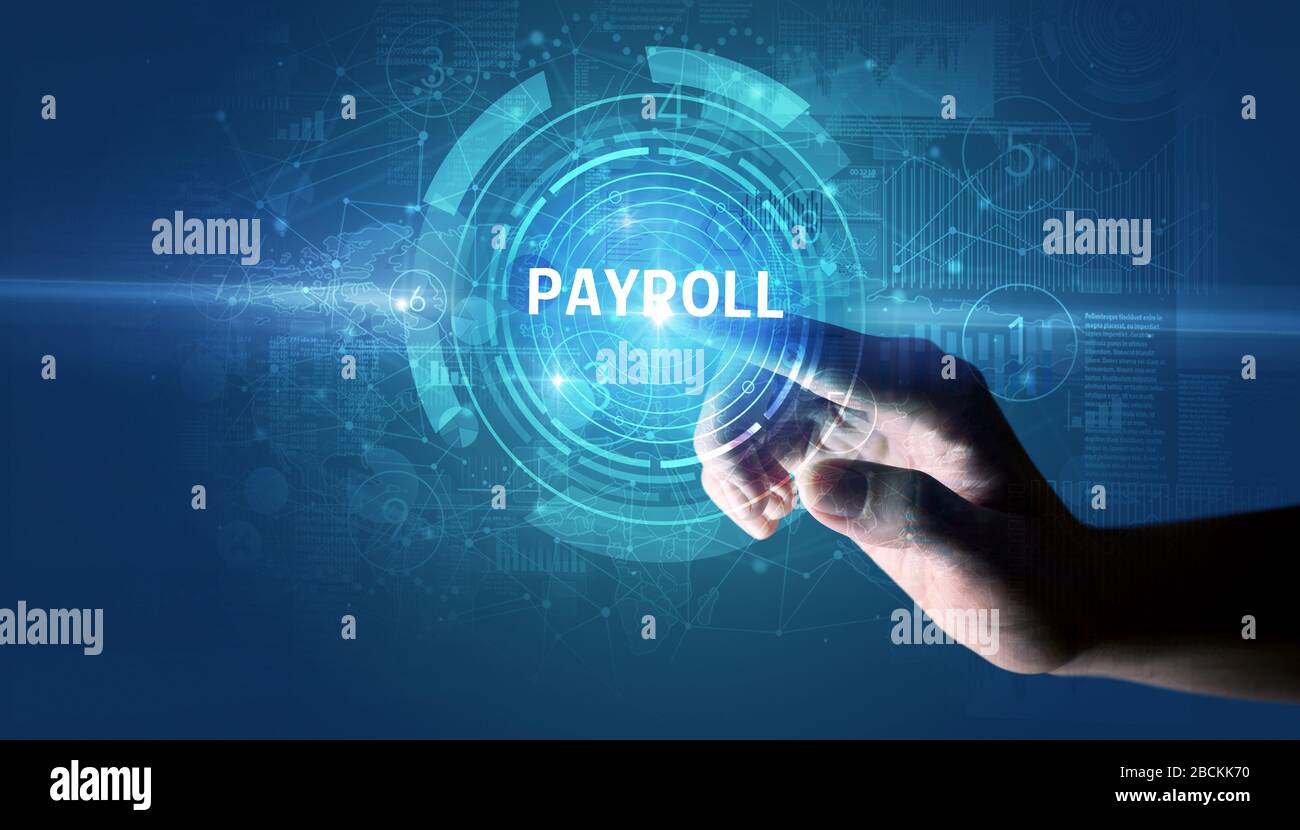 Hand touching PAYROLL button, modern business technology concept Stock ...
