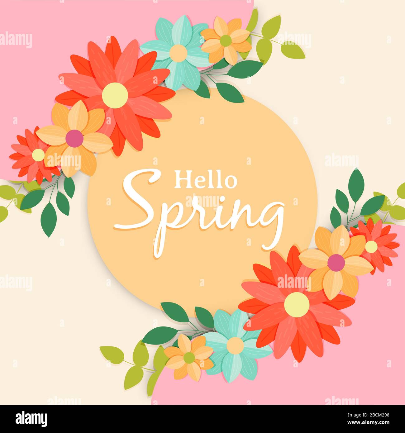 Hello spring greeting card of colorful floral season illustration with ...