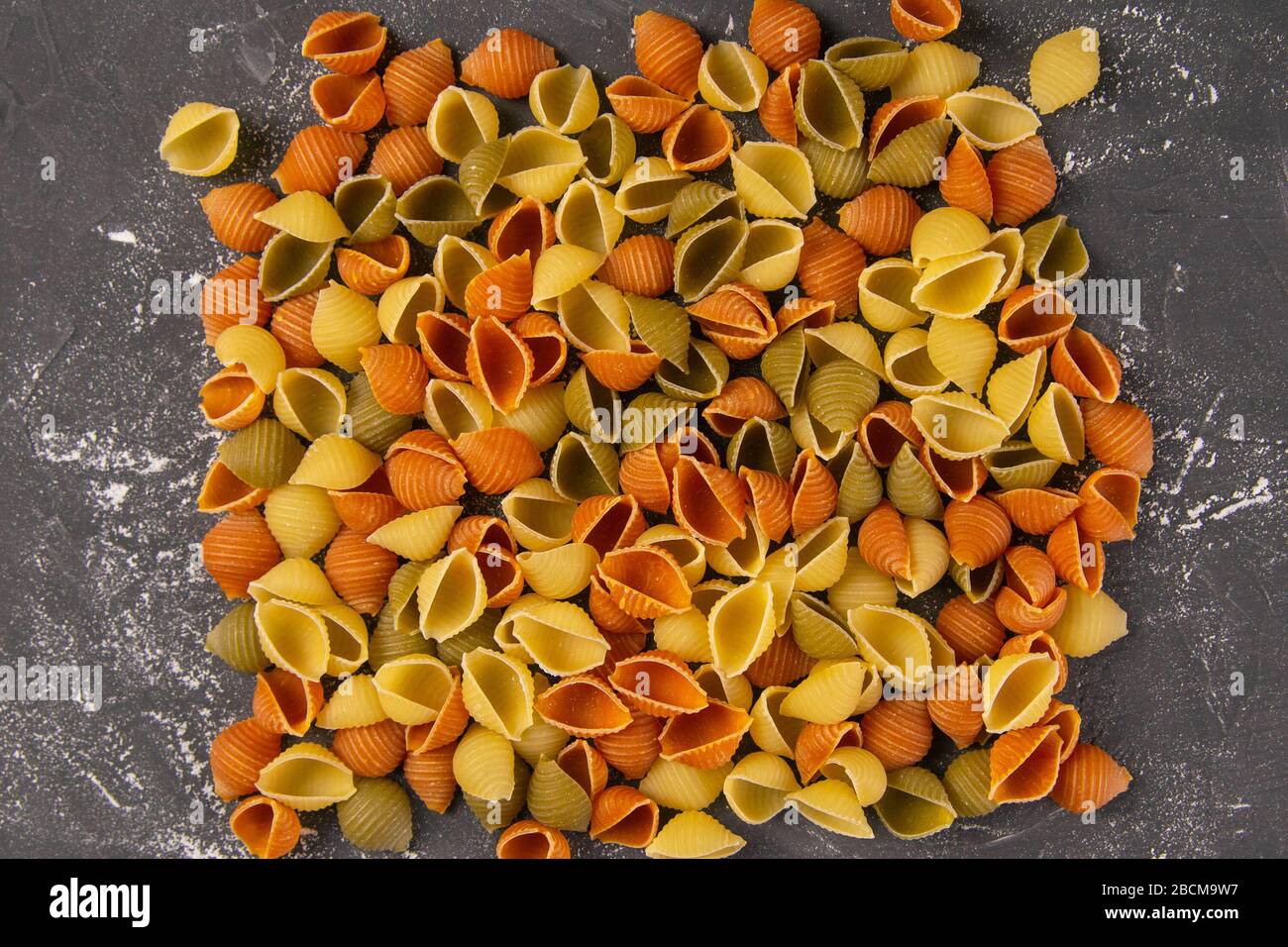 Pasta Conchiglie Rigate, mix of colorful uncooked shells In the shape ...