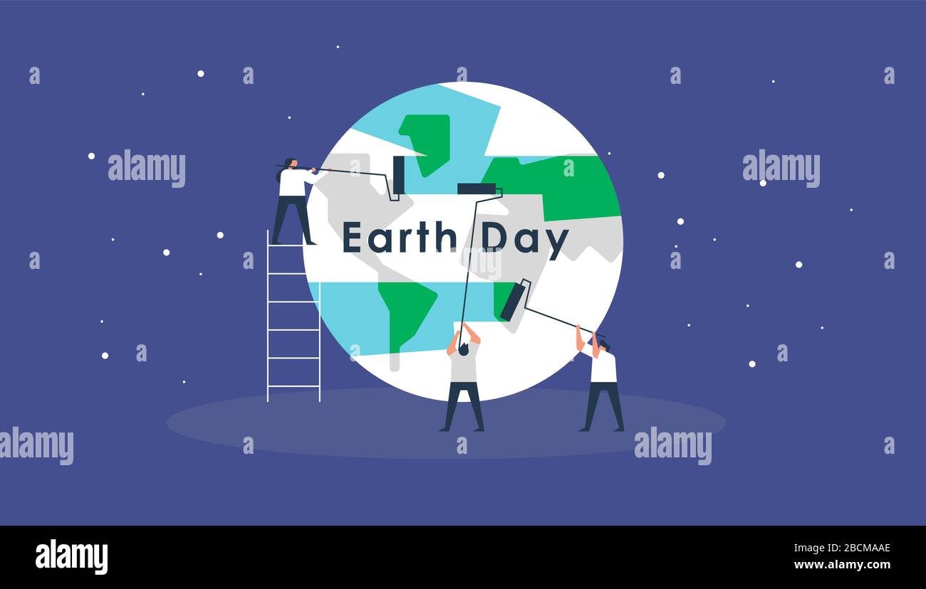 Earth day greeting card illustration of people team cleaning the planet ...