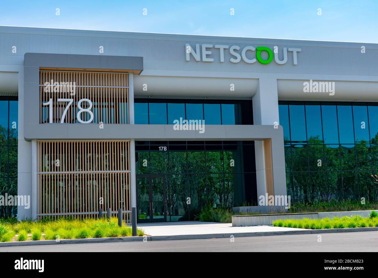 NetScout sign on company office campus in Silicon Valley. NetScout is a ...