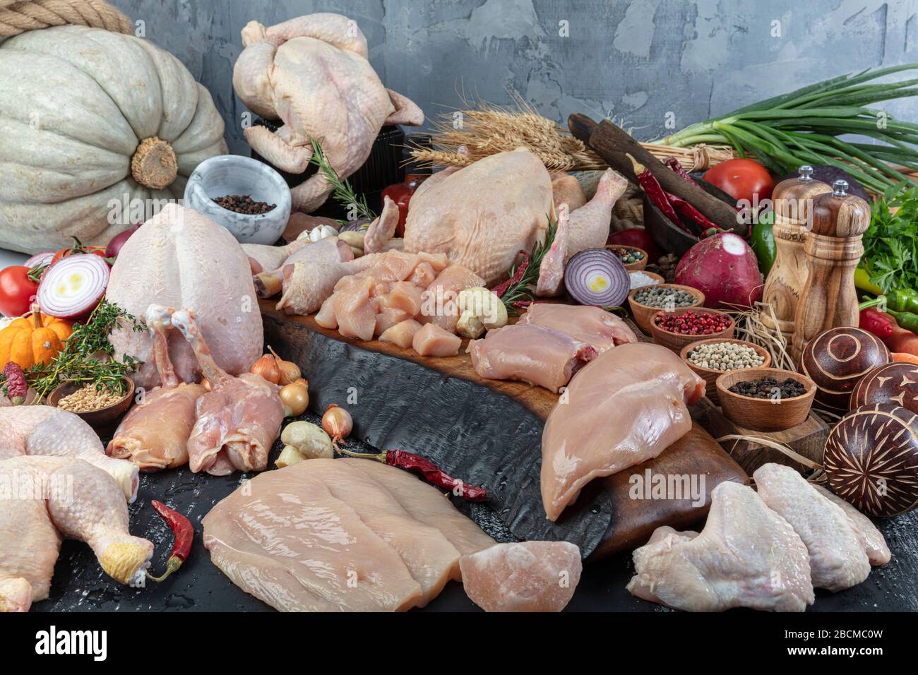 Butcher, chicken department. Several products displayed in a showcase ...