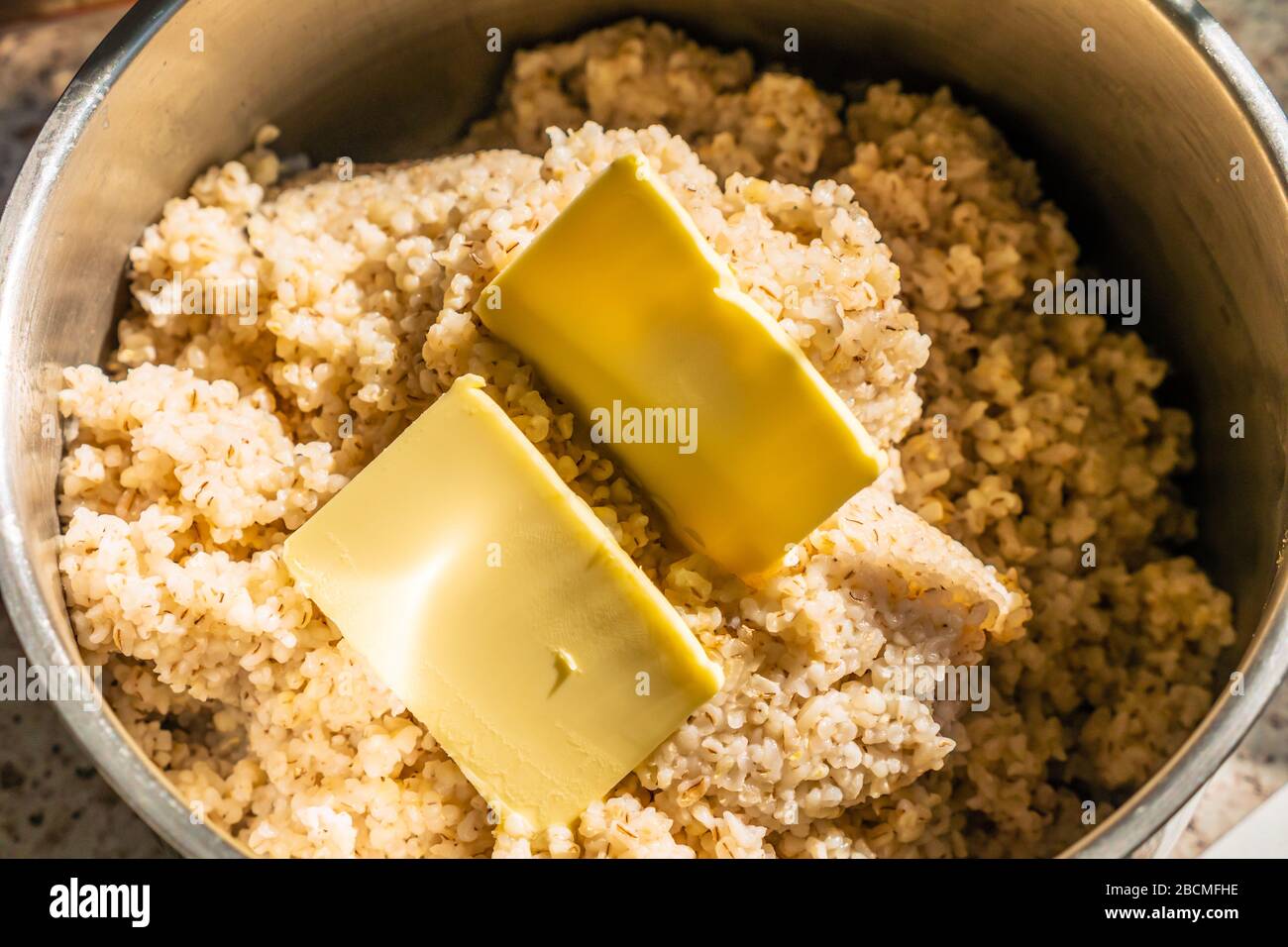 cooked pearl barley porridge in pan Stock Photo - Alamy