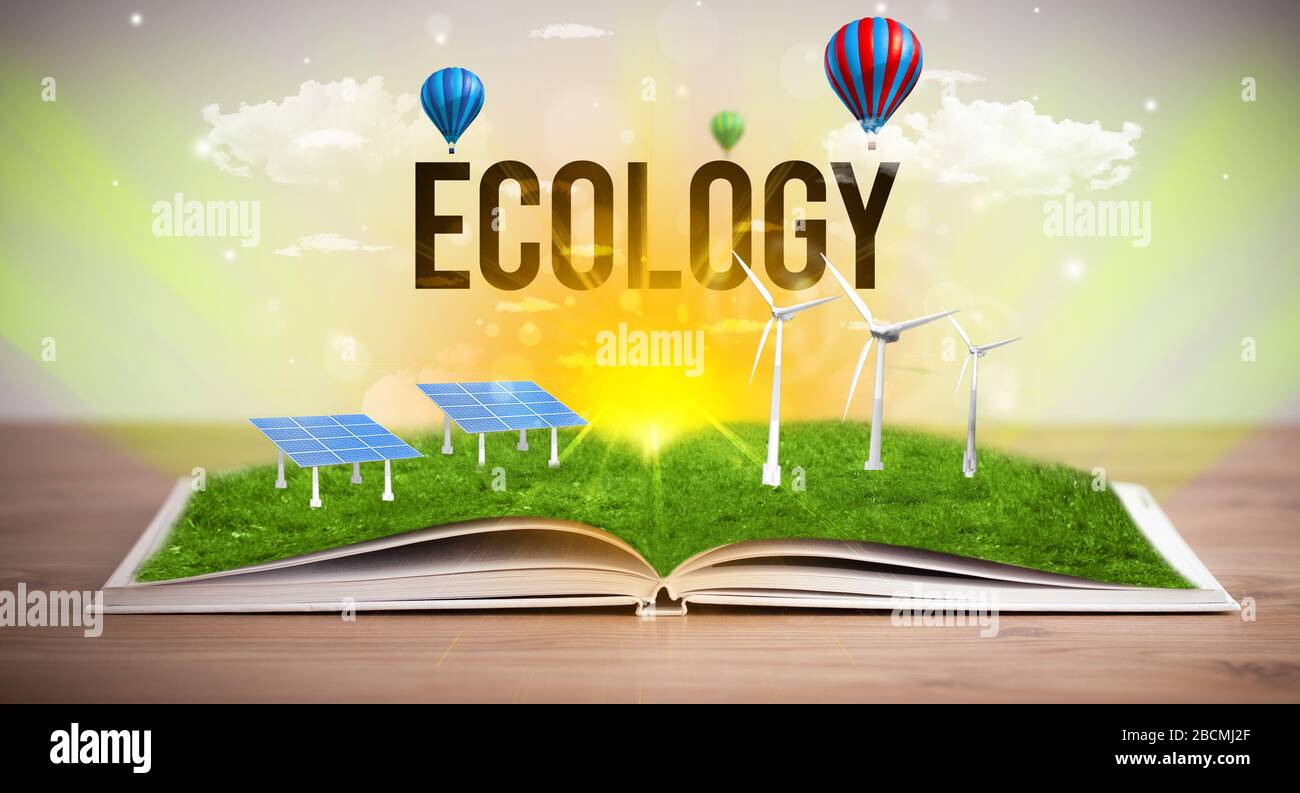 Open book with ECOLOGY inscription, renewable energy concept Stock ...