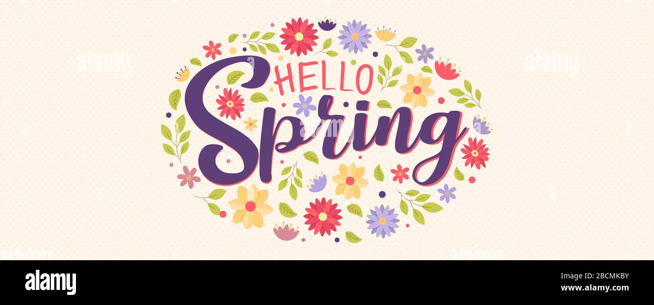 Hello spring web banner of colorful floral season illustration with ...