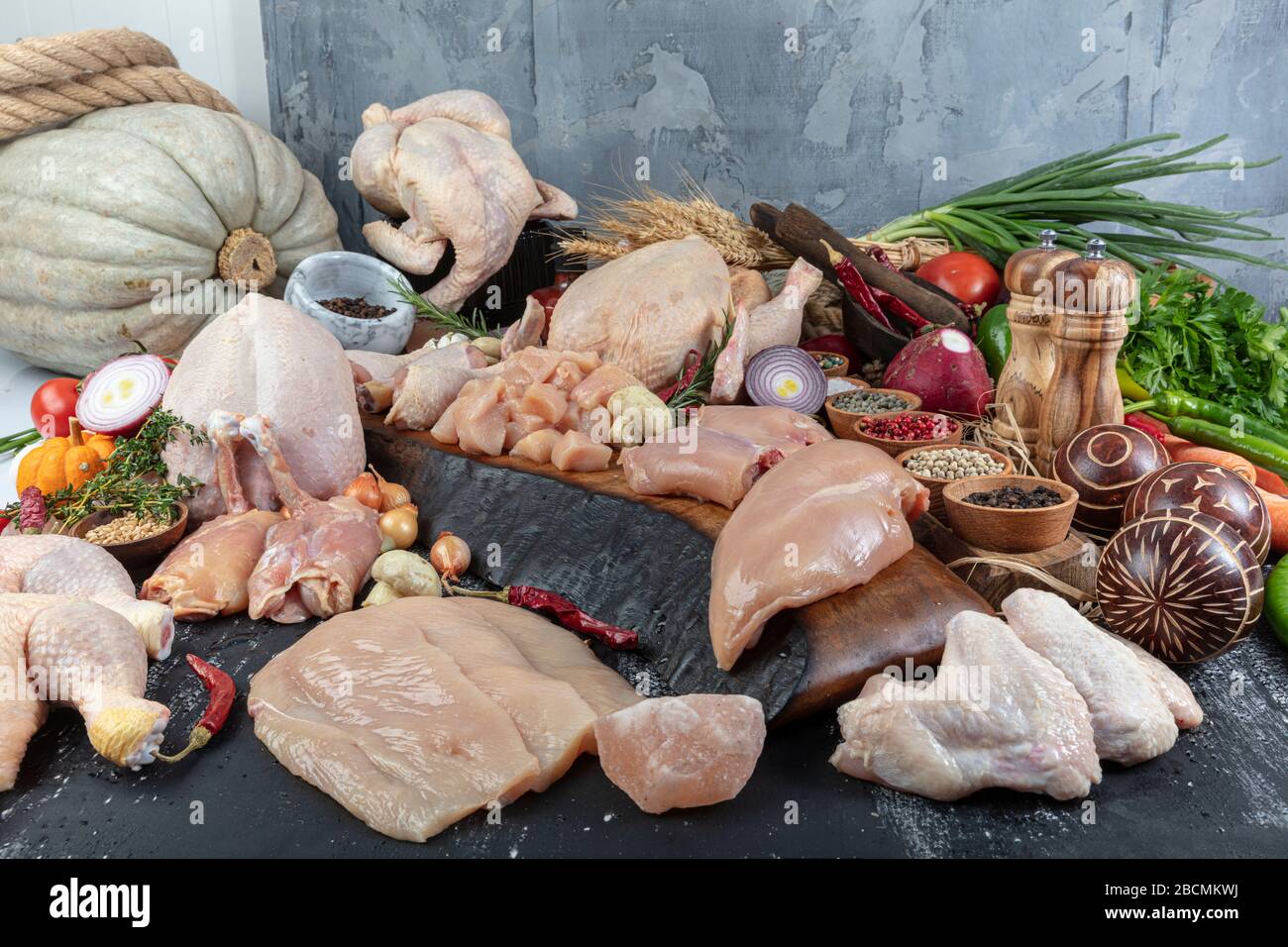 Butcher, chicken department. Several products displayed in a showcase ...